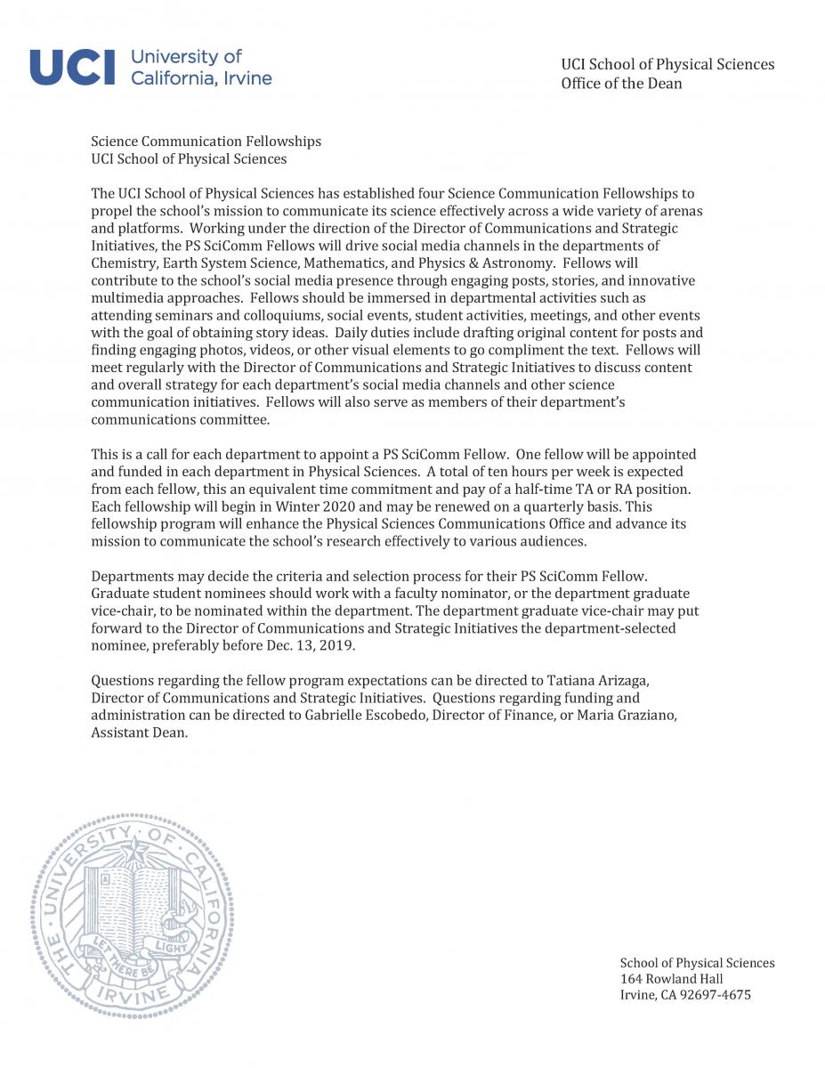 Physical Sciences Science Communication Fellowship | UCI Department of ...